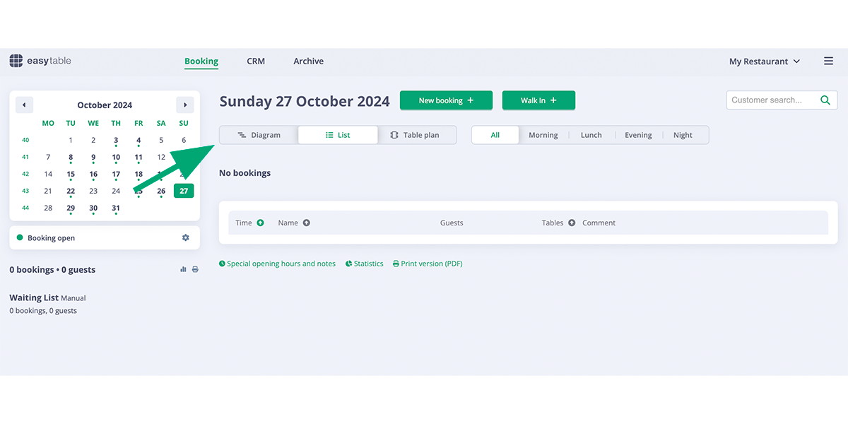 Changing the booking view – Diagram / List / Table plan – easyTable Support & Knowledge Base