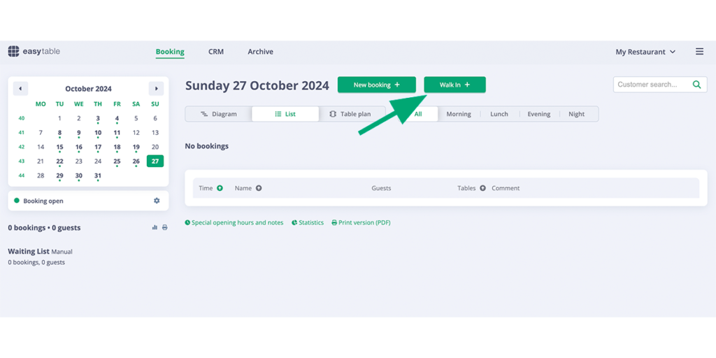Creating a Walk-in – easyTable Support & Knowledge Base